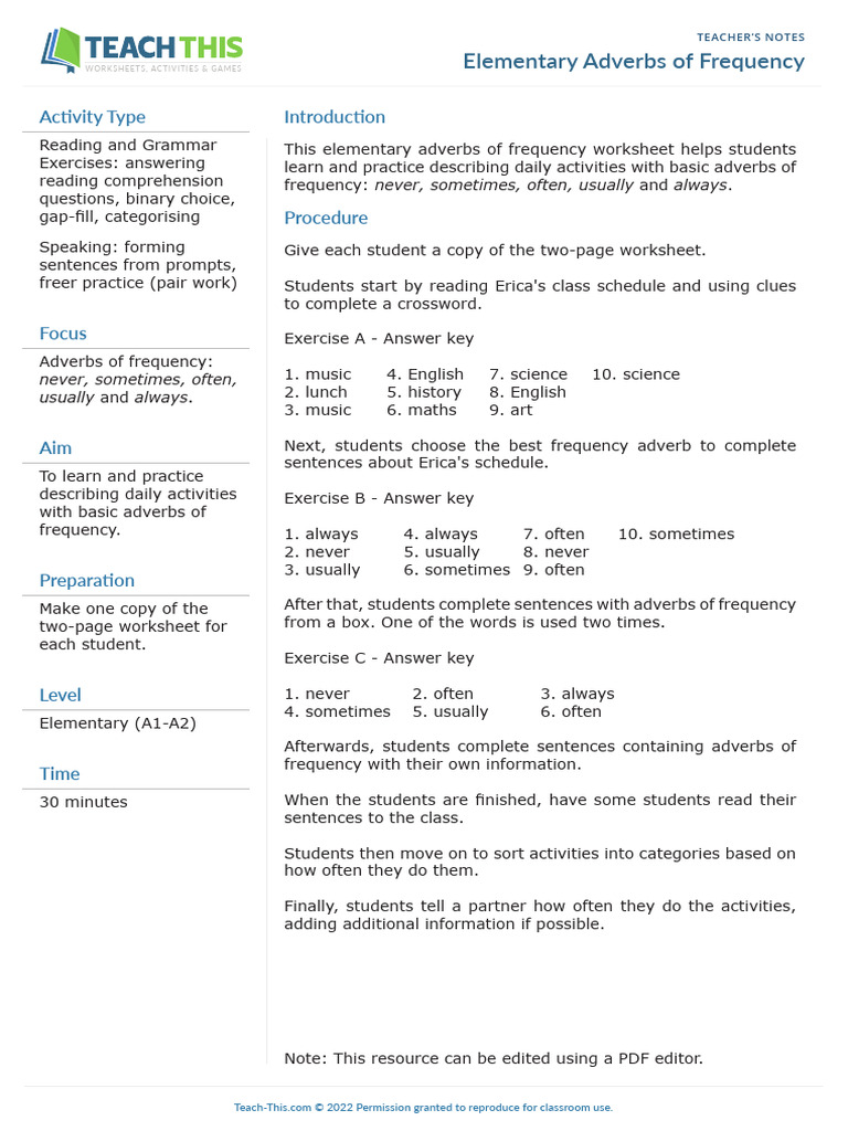 46000114.elementary Adverbs of Frequency | PDF