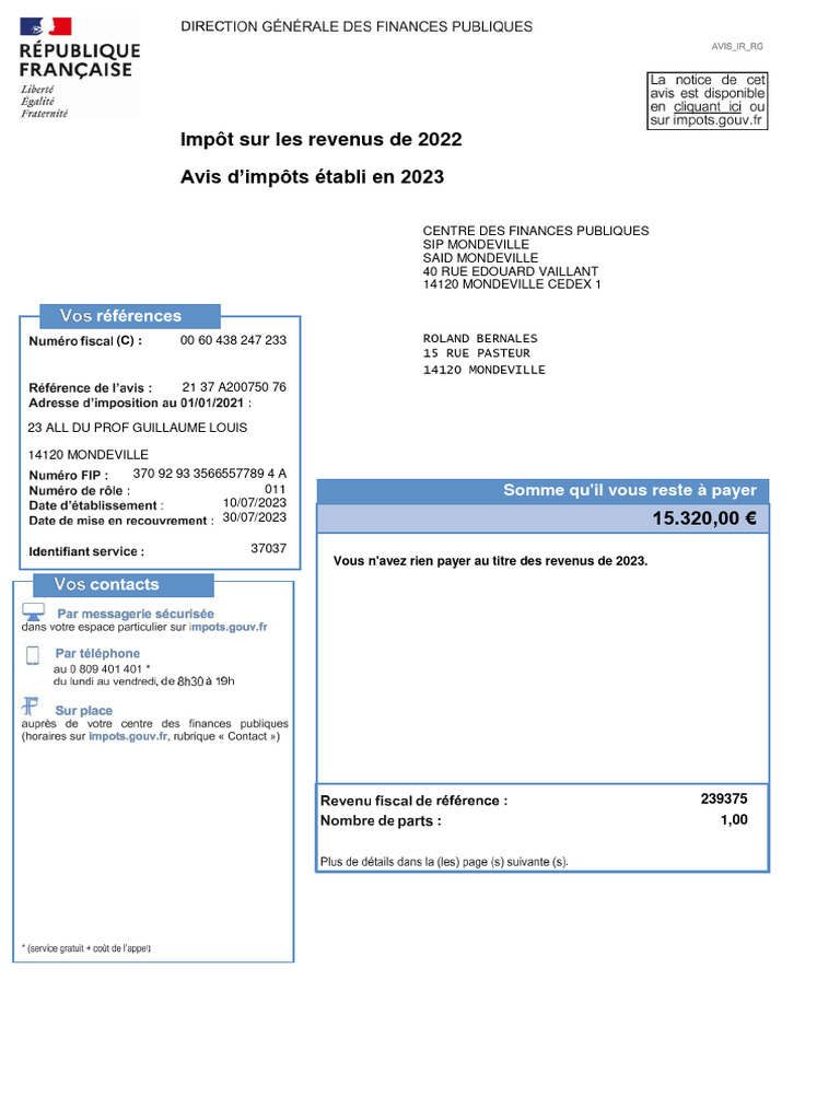 Impôt Sur Les Revenus de 2022 Avis D'impôts Établi en 2023: Somme Qu'il Vous Reste À Payer | PDF