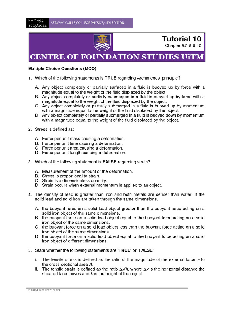Tutorial 10 - Q | PDF | Buoyancy | Elasticity (Physics)