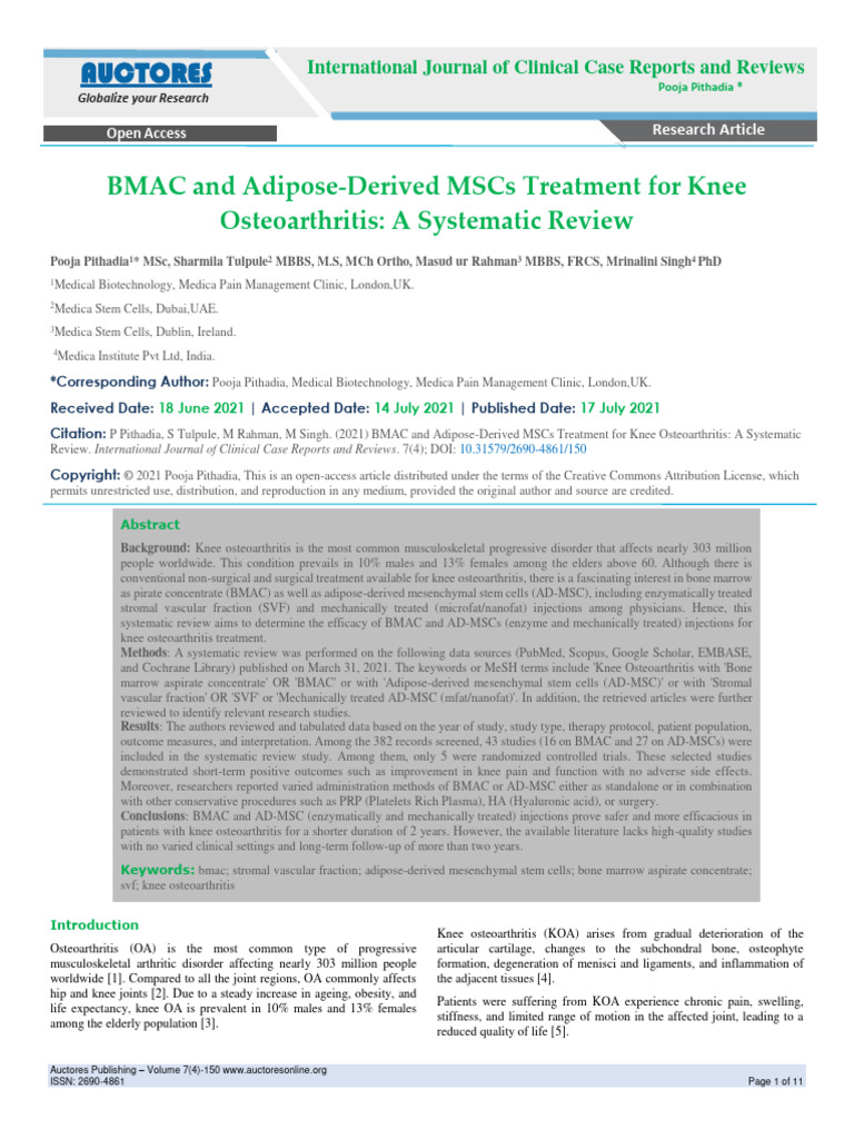 BMAC, MSC For Knee Osteoarthritis | PDF | Mesenchymal Stem Cell ...
