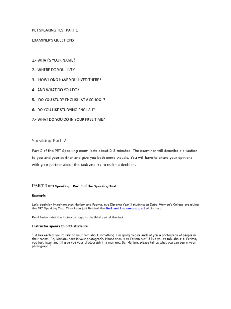 Pet Speaking Section Examiners Directions Oneonone Activities Picture ...