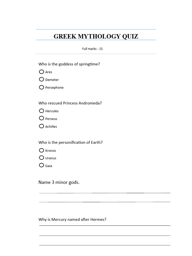 Greek Mythology Quiz | PDF