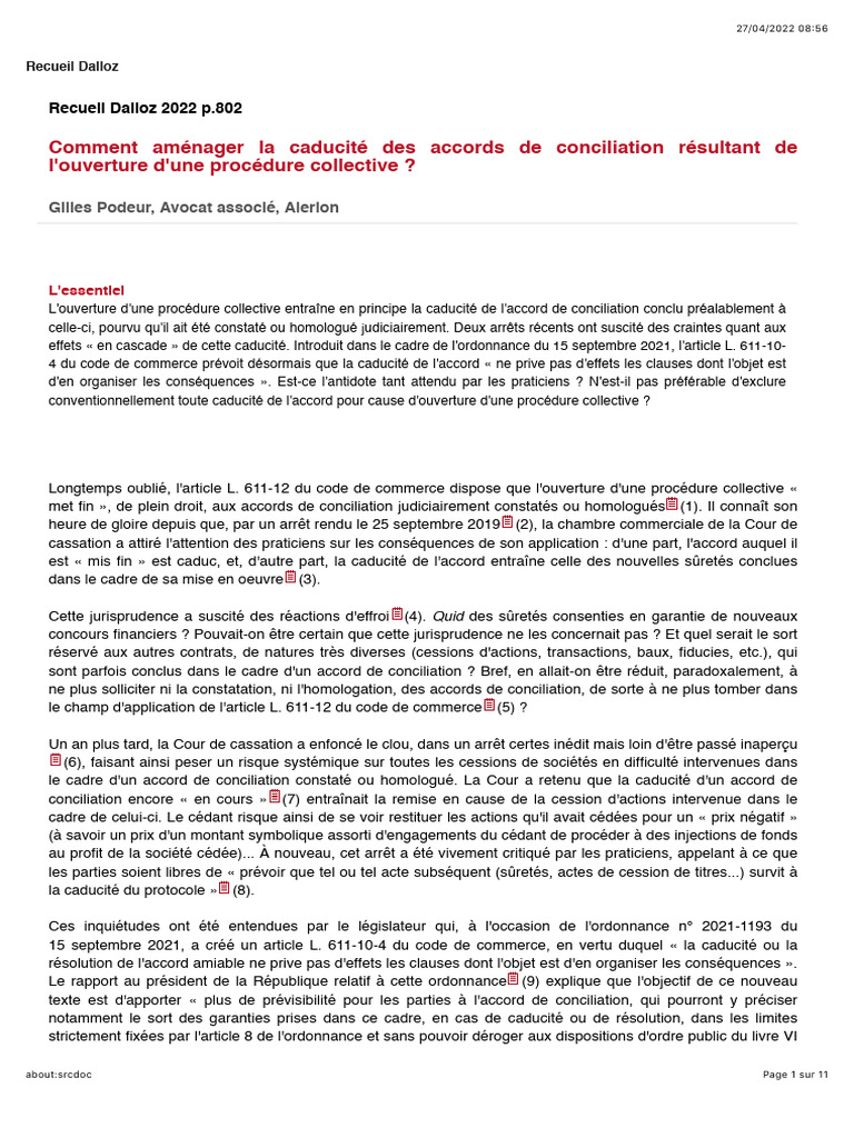 G. Podeur, Comment Amenager La Caducite Des Accords de Conciliation ...