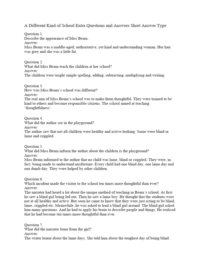 A Different Kind of School Extra Questions and Answers Short Answer Type | PDF