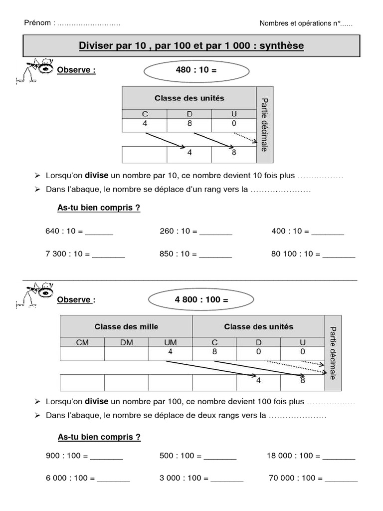 Feuilles Élève - Diviser Par 10 100 1000 | PDF