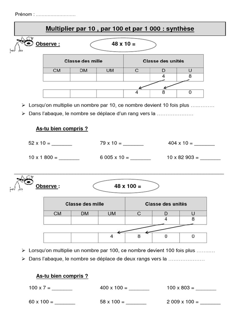 Feuilles élève - multiplier par 10 100 1000 | PDF