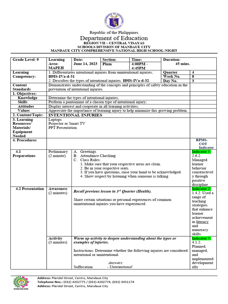 DLP COT (Intentional Injuries) | PDF | Learning | Violence