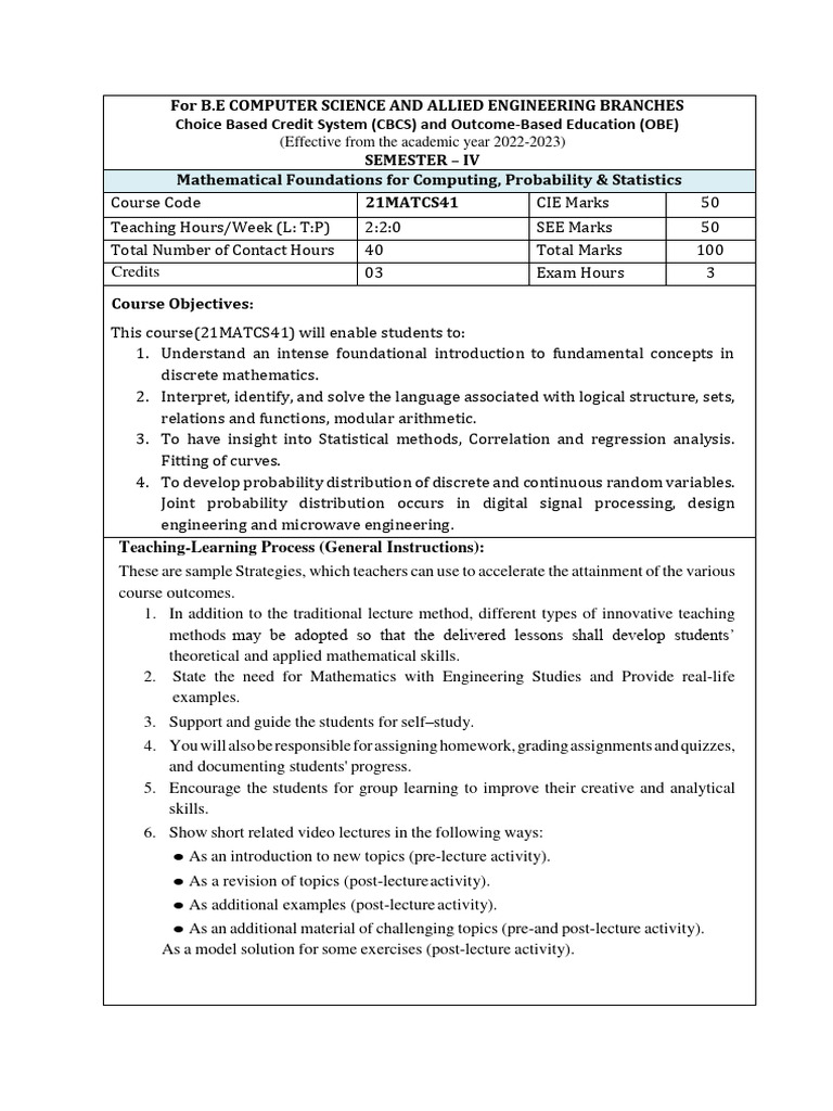 21MATCS41 - IV Sem Maths Syllabus For CS and Allied Branches | PDF