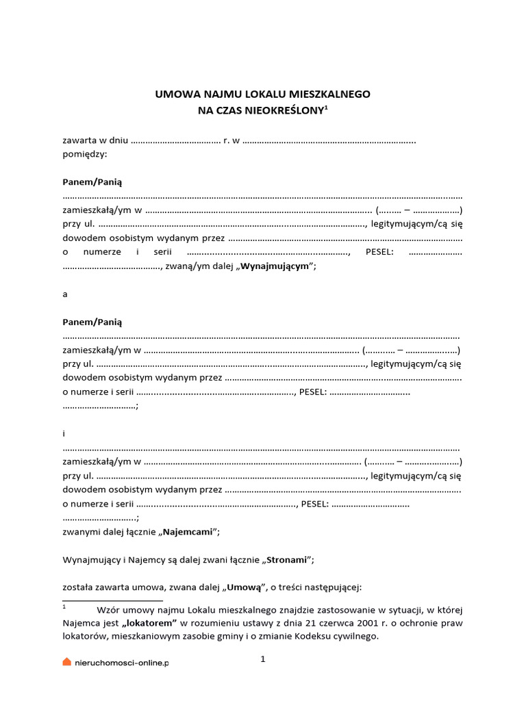 Umowa Najmu Mieszkania Na Czas Nieokreslony | PDF