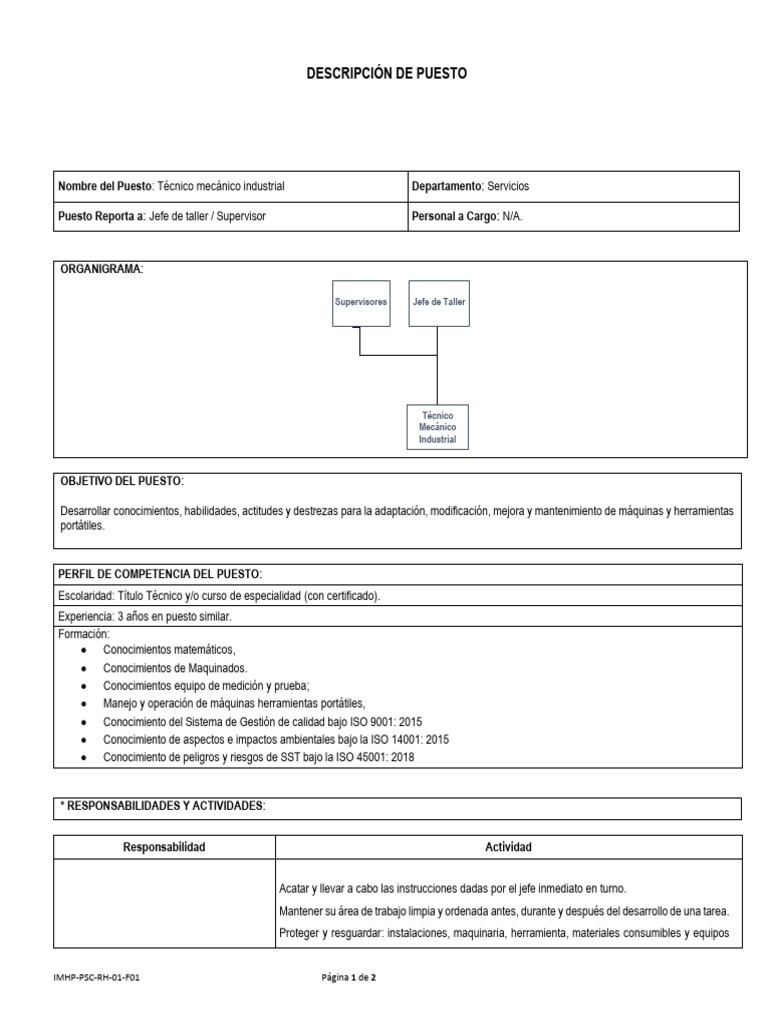 Descripción de Puesto Técnico Mecánico Industrial | PDF | Business