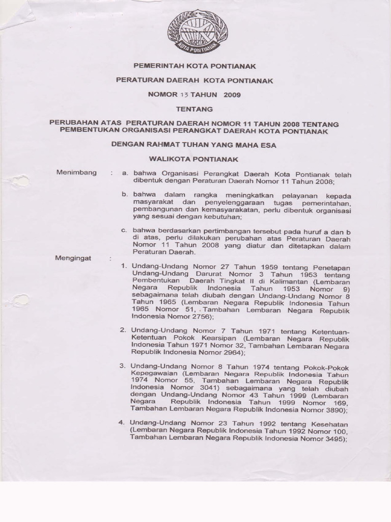 Perwa Kota Pontianak NO 13 Tahun 2009 | PDF
