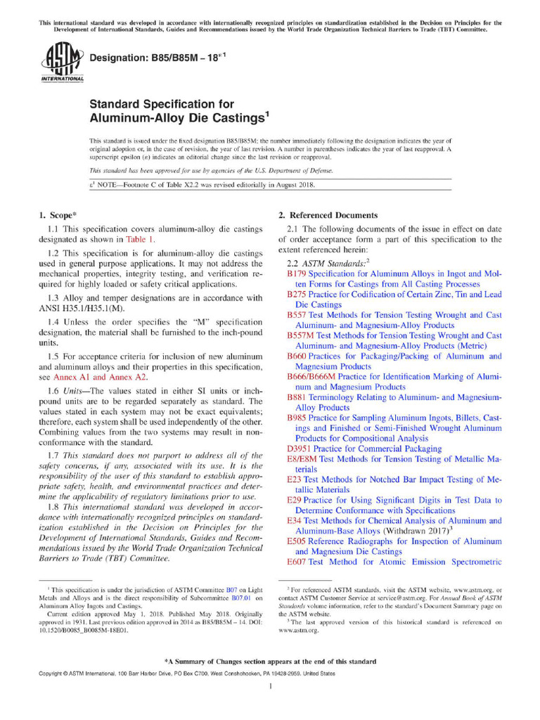 ASTM B85B85M 18e1 Standard Specification For Aluminum Alloy Die Castings | Download Free PDF ...