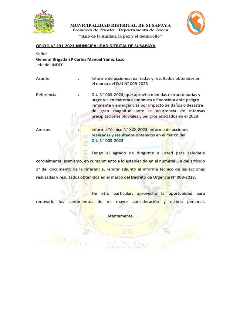 Anexo Nro. 01 - Modelo de Oficio Dirigido A INDECI | PDF Anexo Nro. 01 - Modelo de Oficio Dirigido A INDECI | PDF