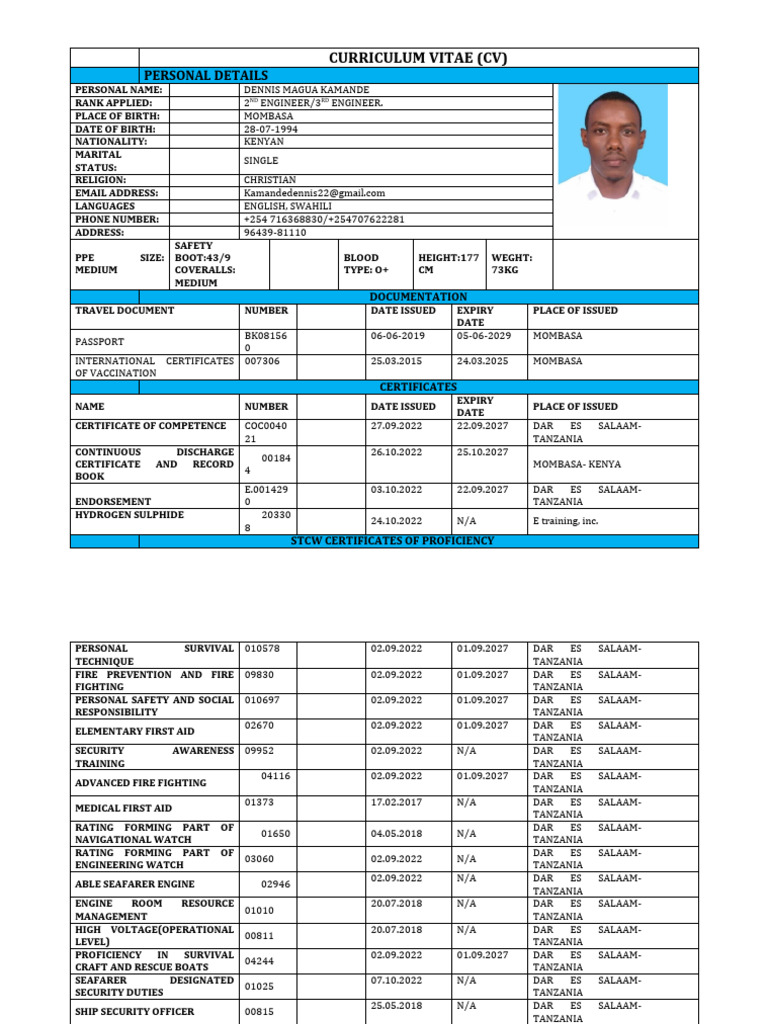 Eng. Dennis Cv. | PDF | Tanzania | Sailor