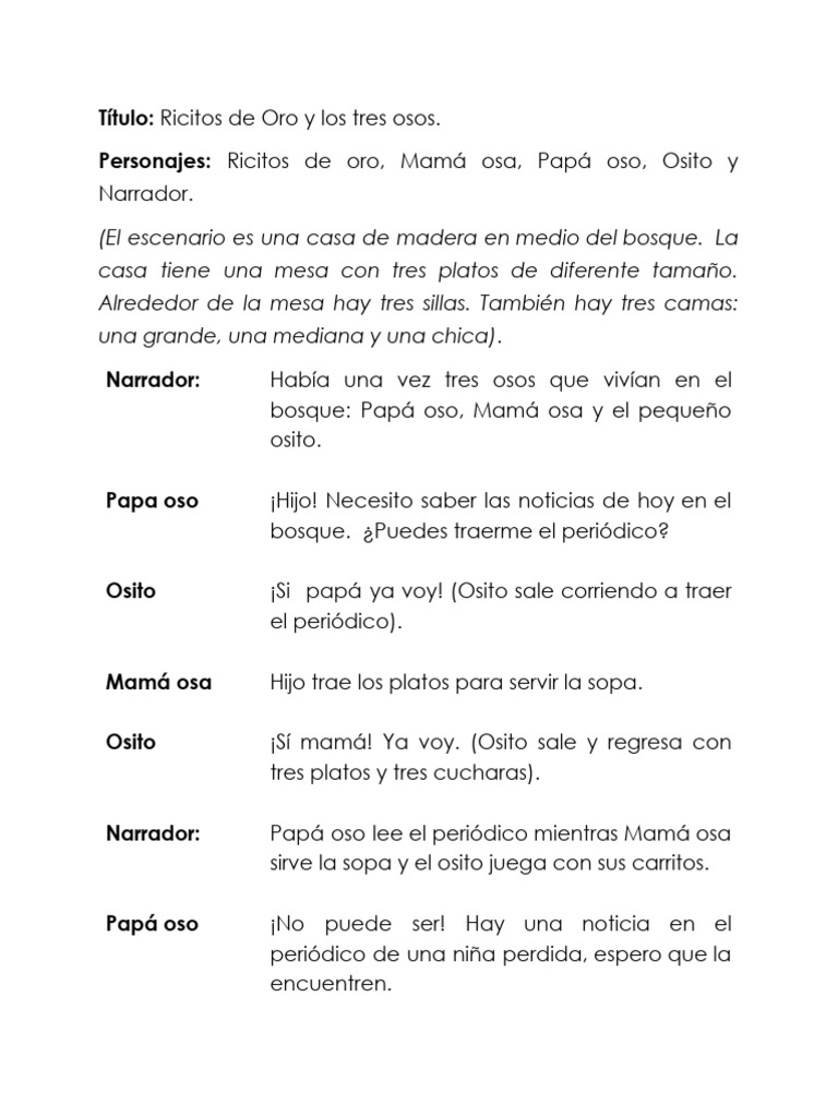 Ricitos de Oro Guion de Teatro | PDF | Osos | Ricitos de oro y los tres ...
