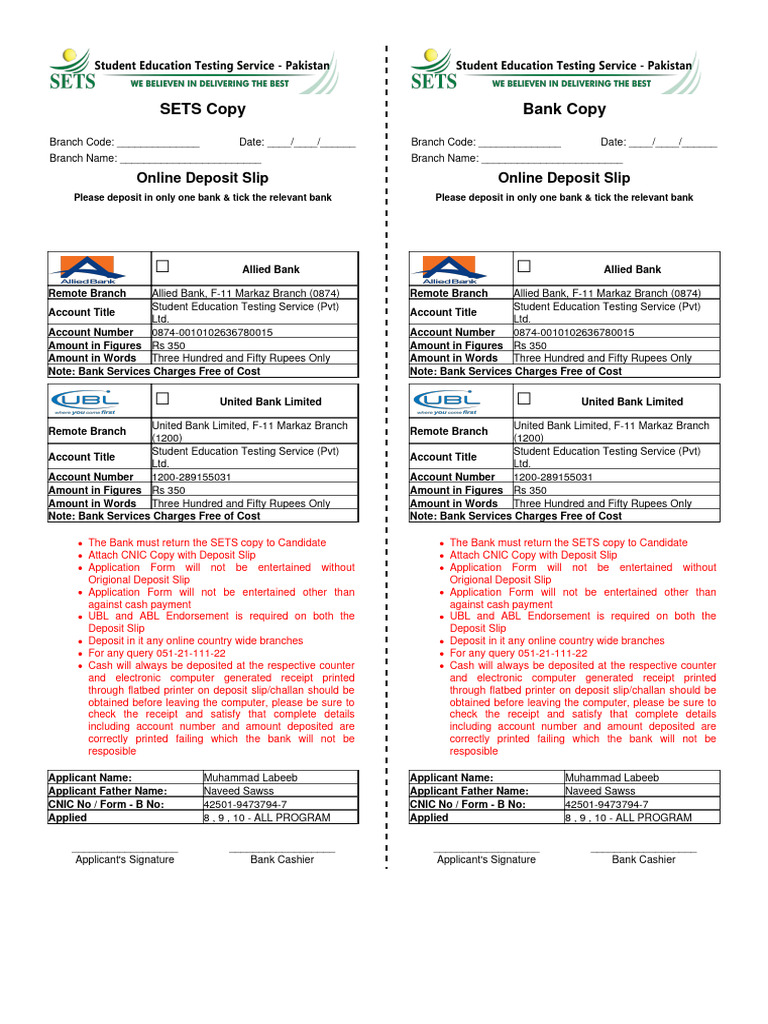 SETS Copy Bank Copy: Online Deposit Slip Online Deposit Slip | Download ...