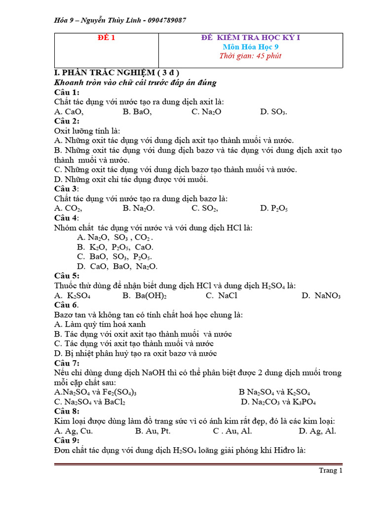 (9-Hk1) Đề Thi Học Kỳ 1 Hóa 9 (Đa) | PDF