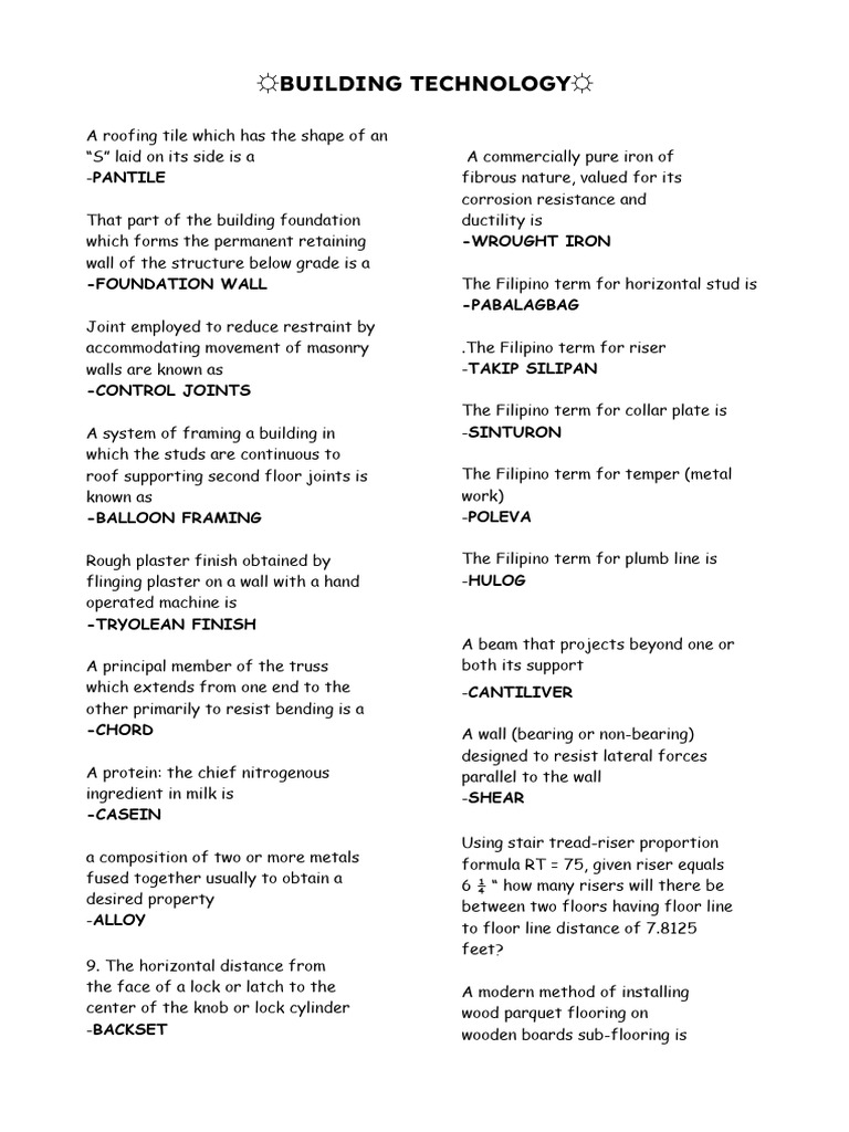 BUILDING TECHNOLOGY Reviewer 01 | PDF | Framing (Construction) | Wall