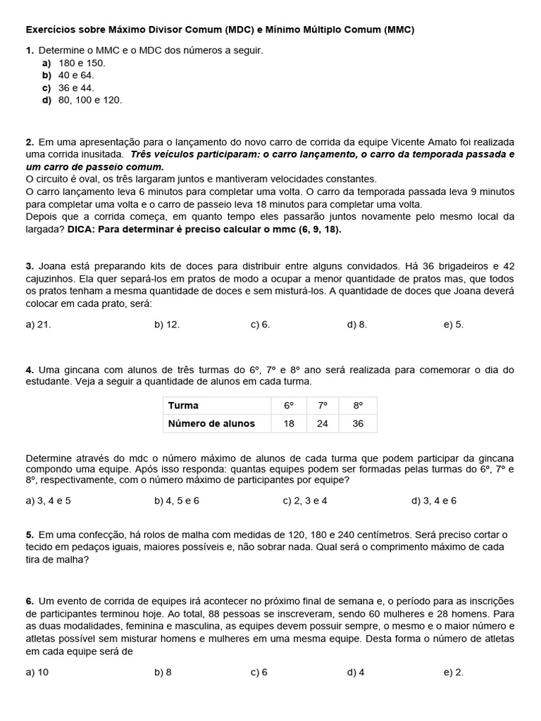 Exercícios Sobre Máximo Divisor Comum - 7º A | PDF