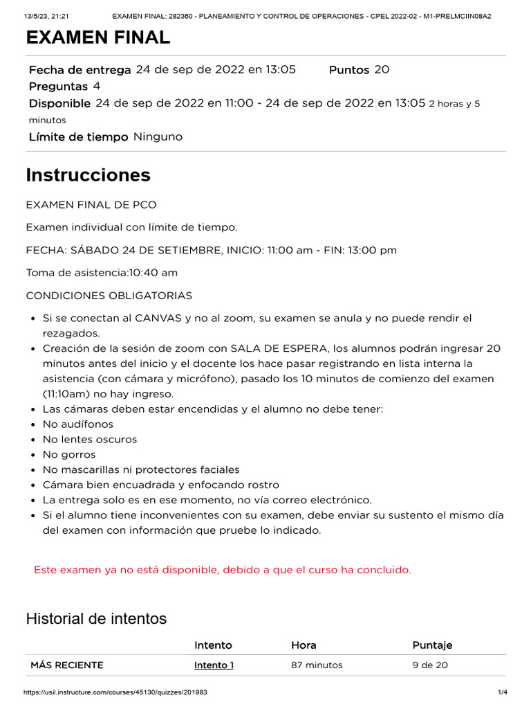 Examen Final - 282360 - Planeamiento y Control de Operaciones - Cpel 2022-02 - M1-Prelmciin08a2 ...