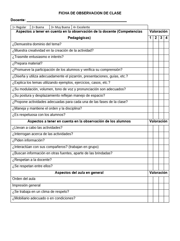 Ficha de Observacion de Clase | PDF | Aprendizaje | Salón de clases