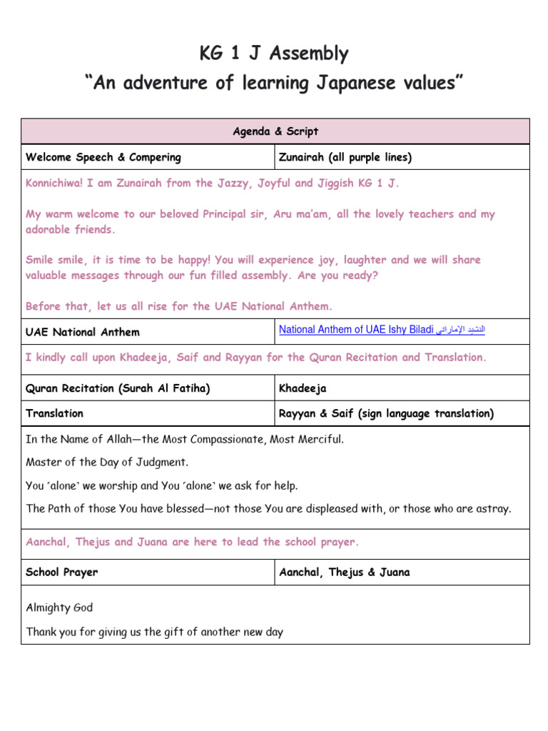 KG 1 J Assembly: Learning Japanese Values | PDF