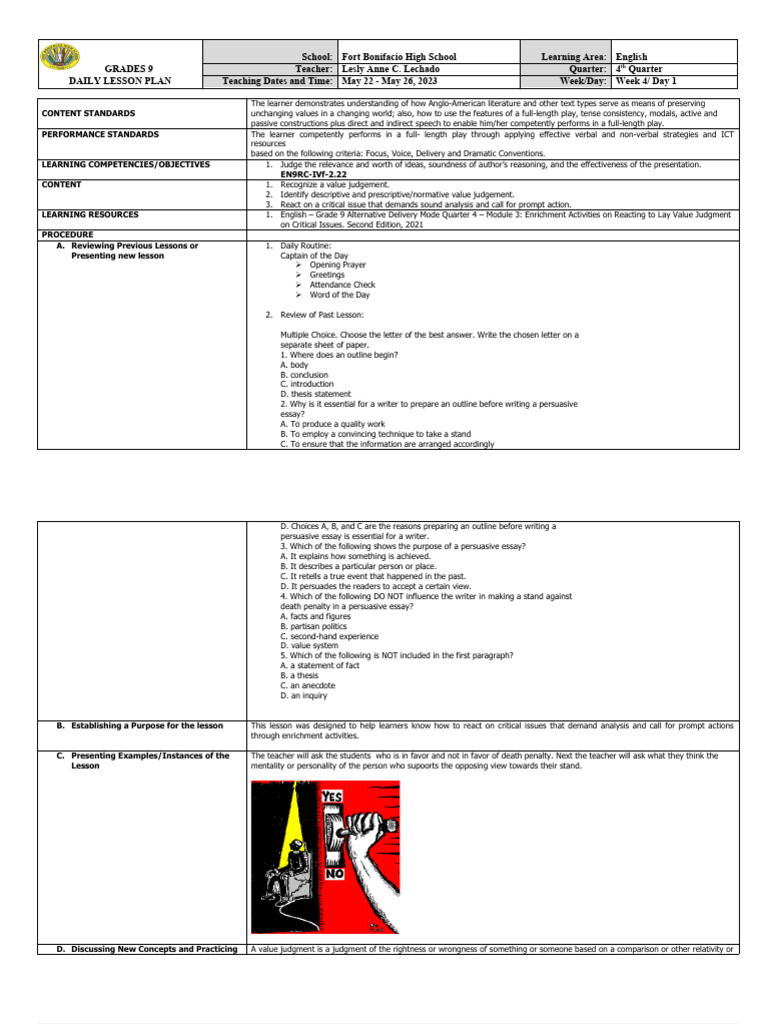 Grade 9 Quarter 4 Week 4 | PDF | Learning | Lesson Plan