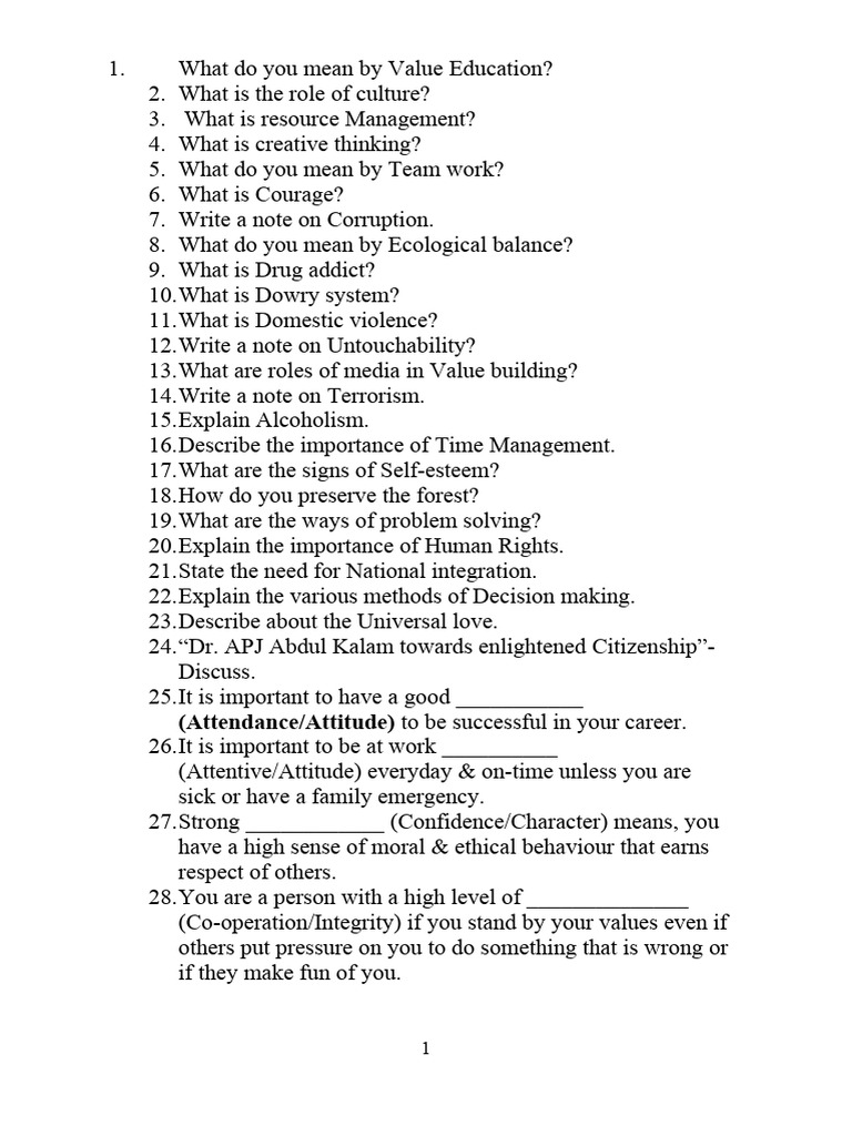 VALUE EDUCATION Previous Yr Imp Questions and Notes | PDF | Integrity