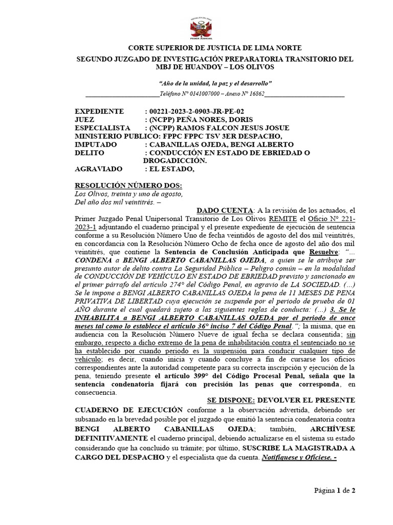 Resol. Devuelve al JUP por no precisar pena de inhabilitación (2023 ...
