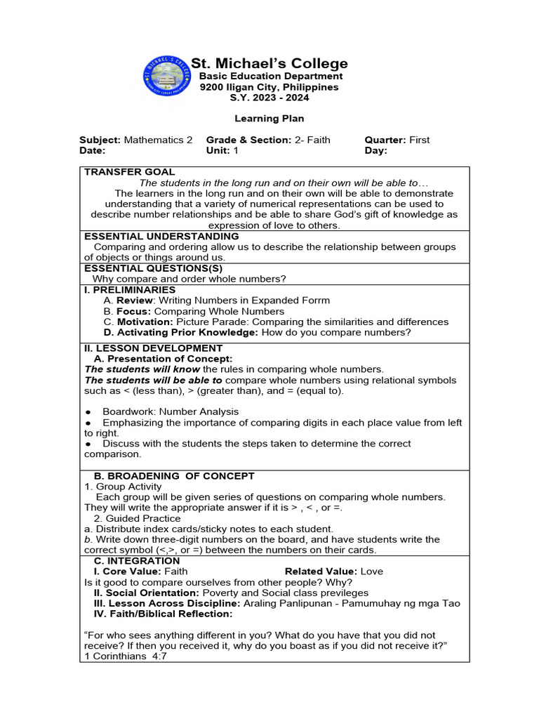 Comparing Whole Numbers Lesson Plan | PDF