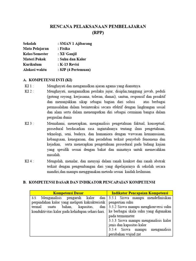 RPP Suhu Dan Kalor Noni Relika | PDF | Metode & Bahan Ajar | Sains ...