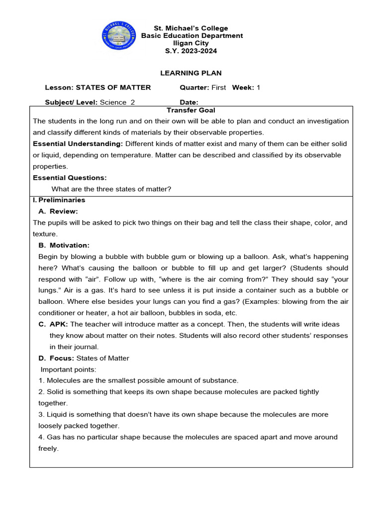 Grade 2 States of Matter Lesson Plan | PDF | Matter | Gases