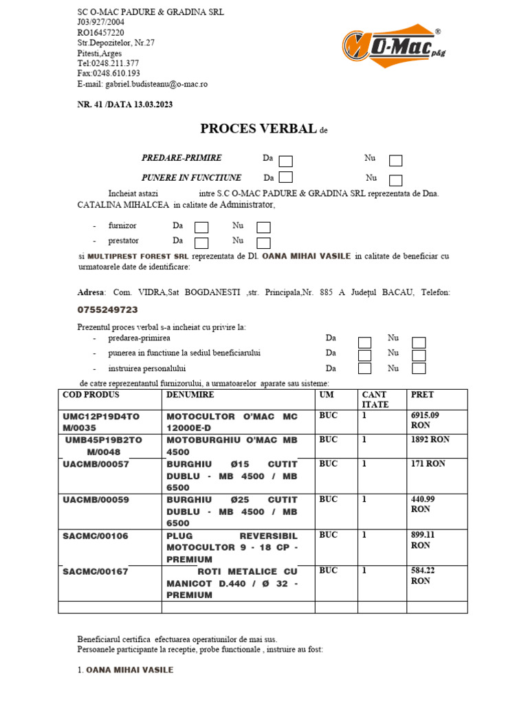 Proces Verbal Predare Primire MULTIPREST FOREST SRL | PDF