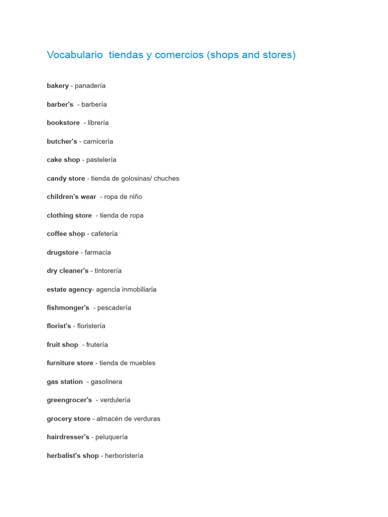 Vocabulario Tiendas y Comercios (Shops and Stores) | PDF