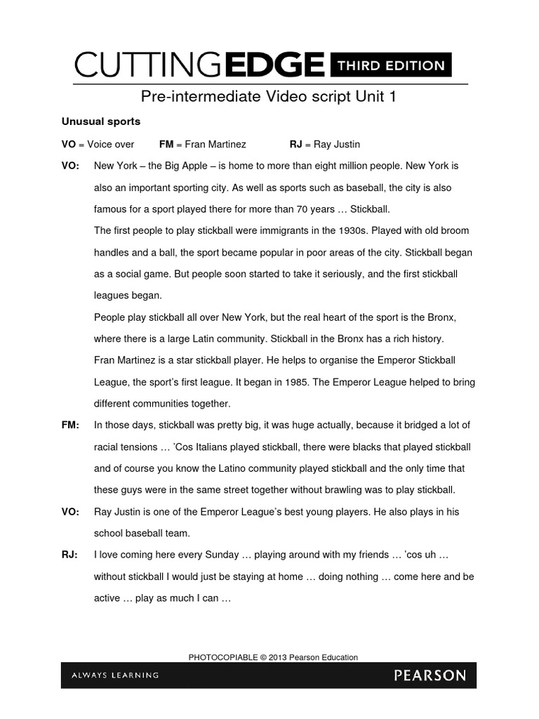 Pre-Intermediate Video Script Unit 1: Unusual Sports | PDF
