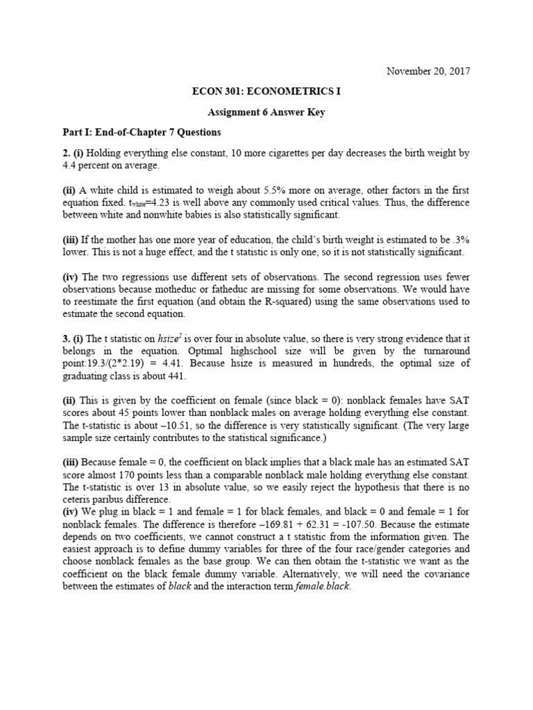 Nu - Edu.kz Econometrics-I Assignment 6 Answer Key | PDF | Ordinary Least Squares | Dependent ...