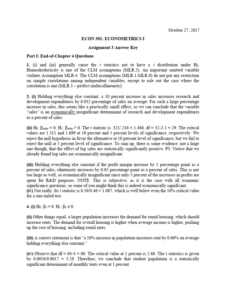 Nu Edu Kz Econometrics I Assignment 3 Answer Key Pdf Statistical