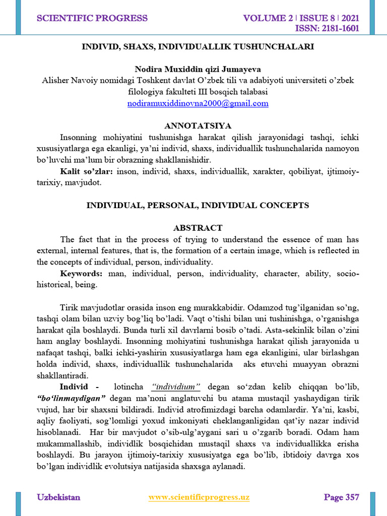 Individ Shaxs Individuallik Tushunchalari | PDF