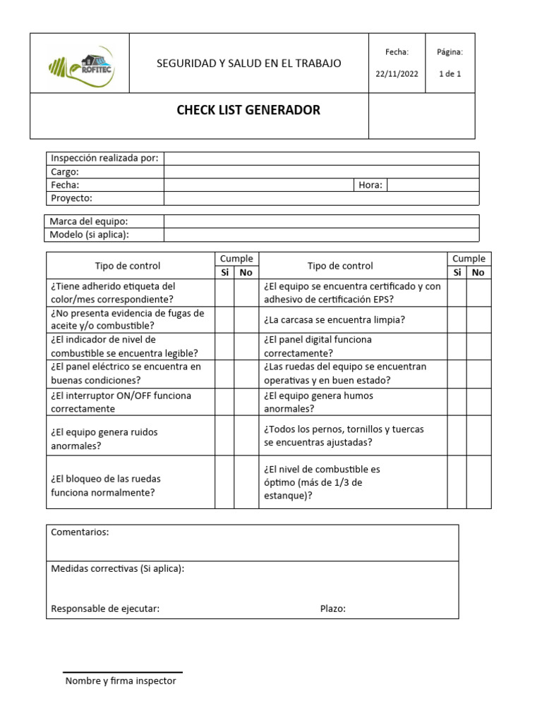 Checklist de Seguridad para Generadores | PDF