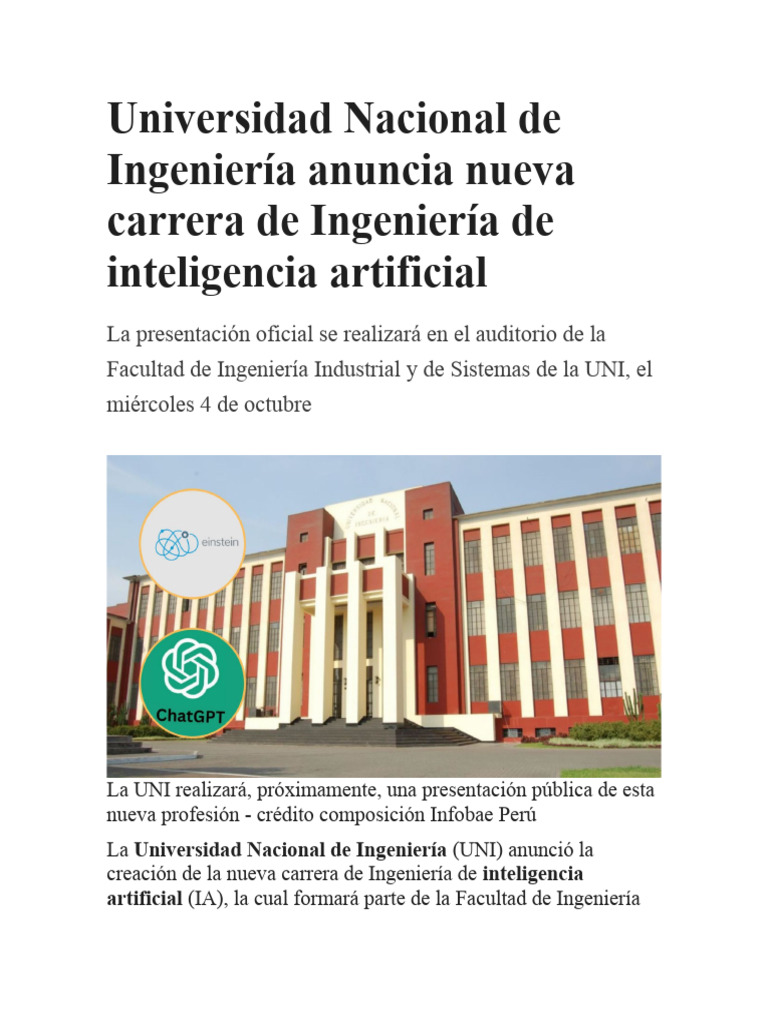 Universidad Nacional de Ingeniería Anuncia Nueva Carrera de Ingeniería de Inteligencia ...