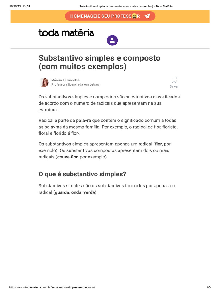 Substantivo Simples e Composto (Com Muitos Exemplos) - Toda Matéria | PDF