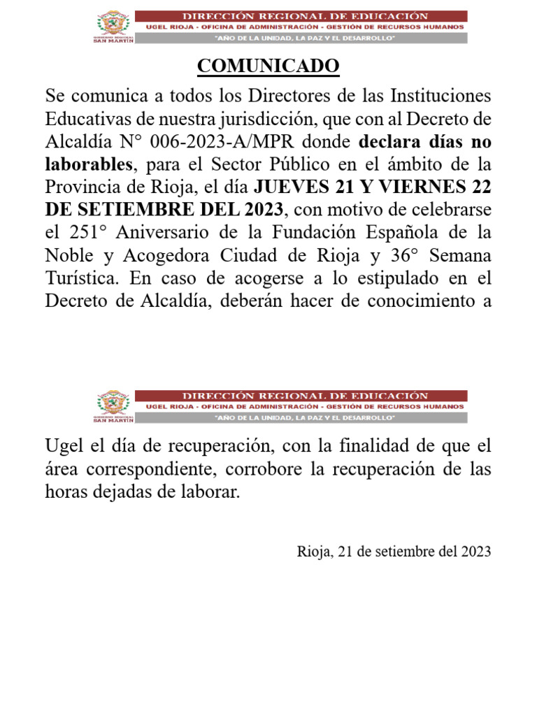 COMUNICADO SOBRE DIAS NO LABORABLES | PDF