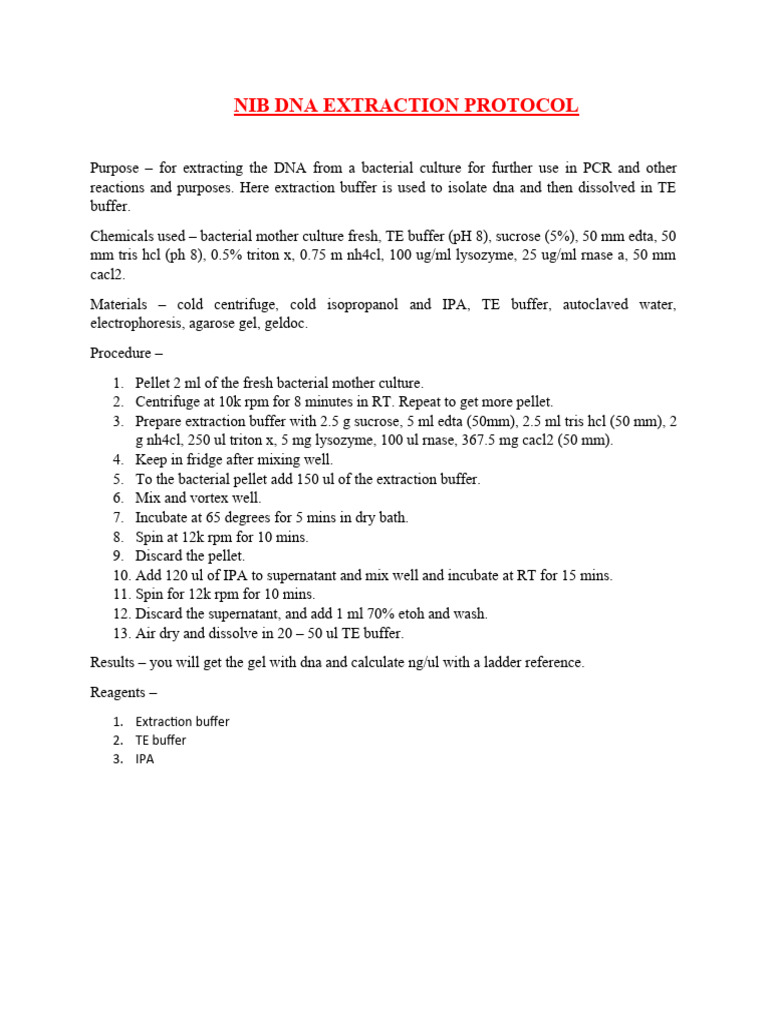 Nib Dna Extraction Protocol | PDF