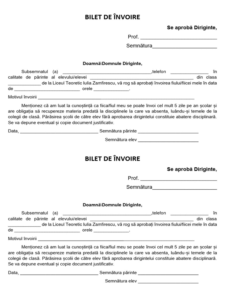 Bilet de Învoire | PDF