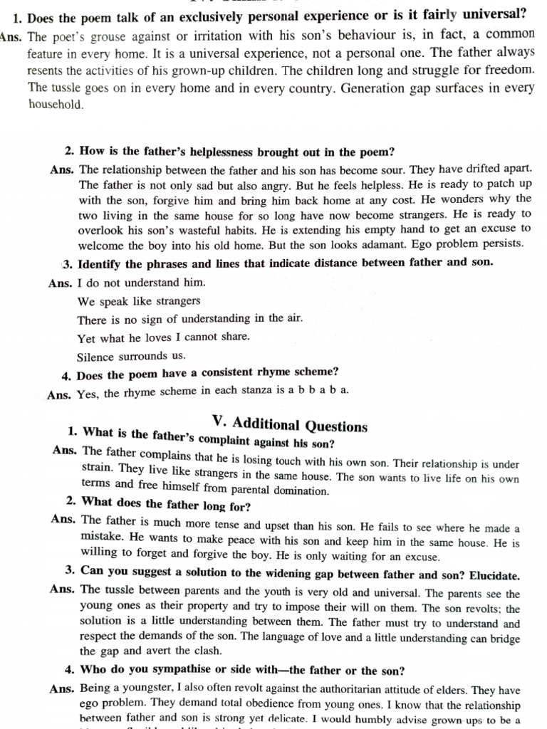 Poem - Father To Son (Question Answers) | PDF | Poetry