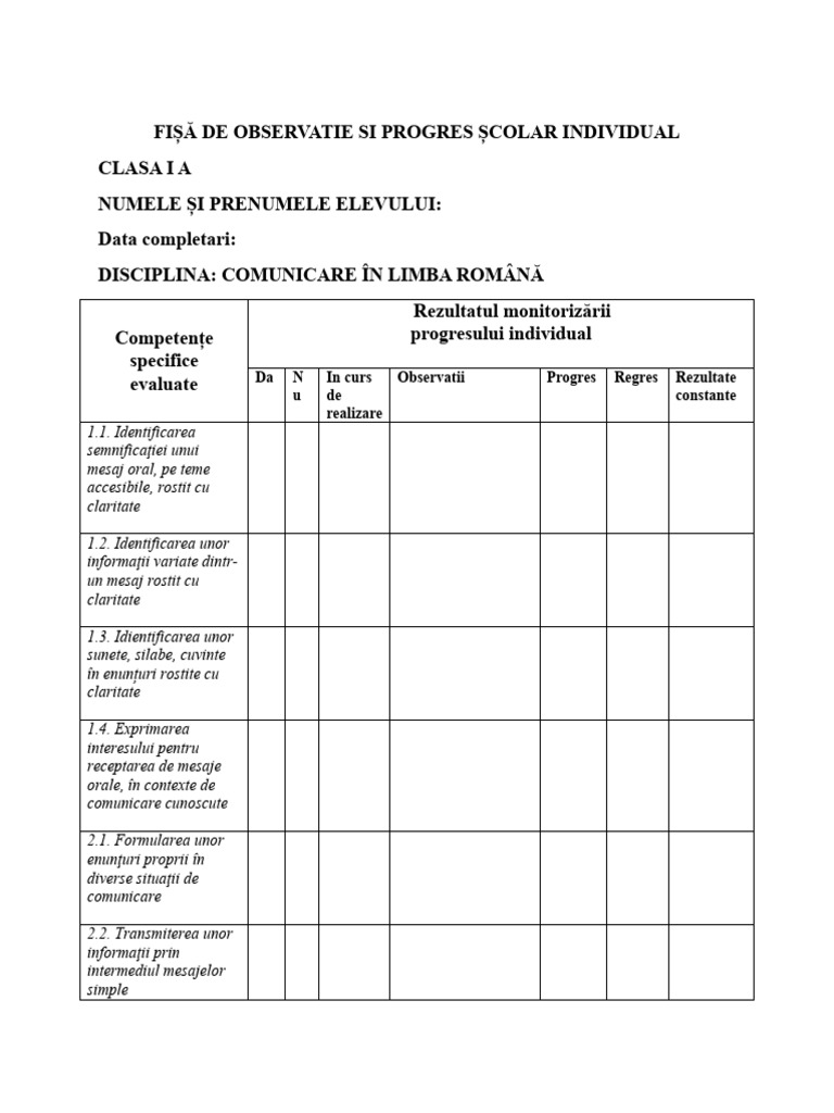 Fisa - Individuala - de - Progres - Clasa 1A | PDF