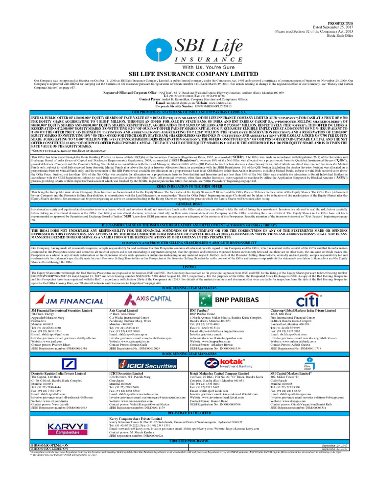 Sbi Life Insurance Company Limited | PDF | Stocks | Securities (Finance)