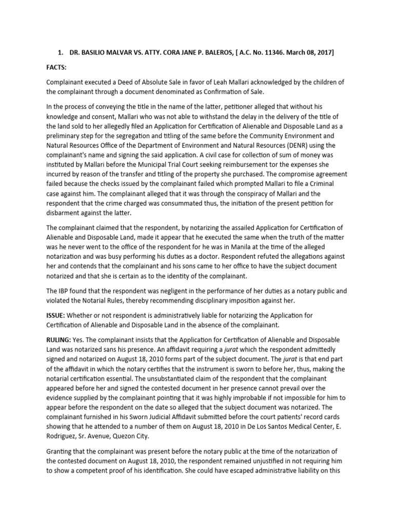Dr. Basilio Malvar vs. Atty. Cora Jane P. Baleros | PDF | Notary Public ...