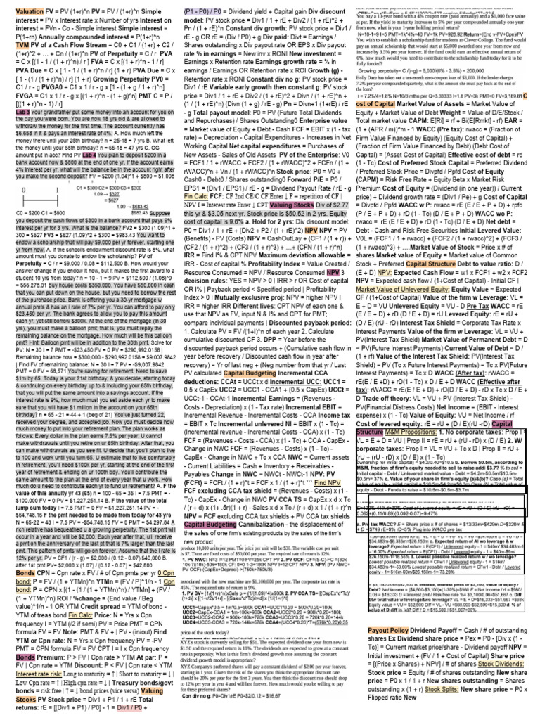 FIN 401 - Cheat Sheet | PDF | Net Present Value | Cost Of Capital