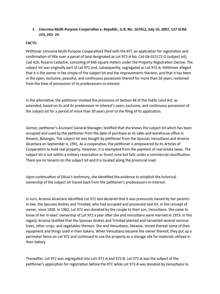 Limcoma Cooperative Land Registration Case | PDF | Adverse Possession ...